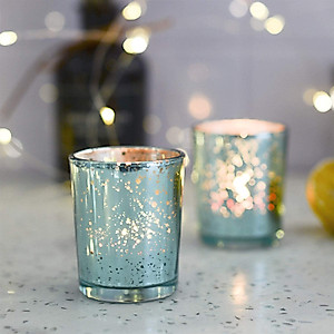 Blue Votive Candle Holders, Sea Glass Votive Candle Holders, Aqua Mercury Glass Tealight Candle Holder Set of 12, Perfect Centerpieces for Wedding, Party, Summer Home Decor