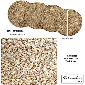 CHARDIN HOME Round Woven Jute Braided Set of 4 PLACEMATS | 15 inch ROUND Farmhouse Table mats | All Natural Jute for