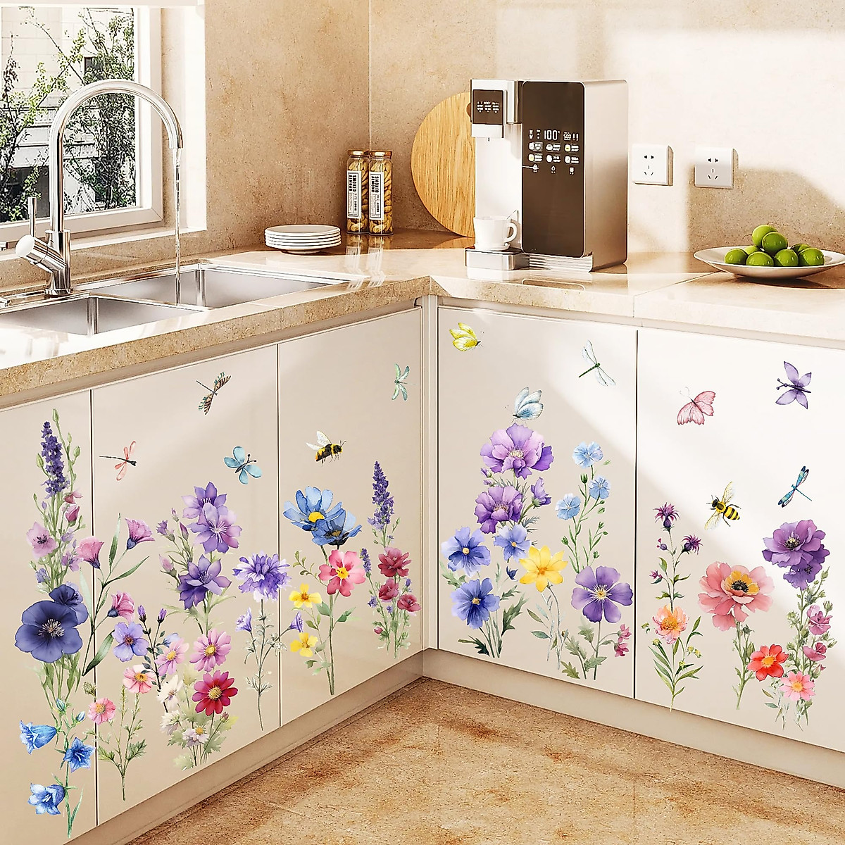 9 Pieces Flowers Wall Decals Flower Decals for Walls Vinyl Flowers Wall Stickers Peel and Stick Removable Butterfly Spring Floral Wall Decals Wall Art Decals Decor for Girls Bedroom Living Room