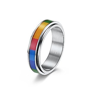 Rotatable Square Rainbow LGBT Pride Band Ring for Women Men Couples Anti Anxiety Stress Relief Fidget Spinner Ring Stainless Steel Love Is Love Statement Knuckle Ring Boyfriend Girlfriend Xmas New Year Gifts (Silver, 9)