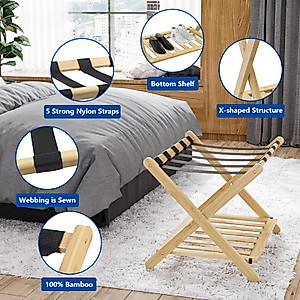 Smuxee Fully Assembled Luggage Rack for Guest Room, Upgraded Bamboo Foldable Suitcase Stand with 5 Nylon Straps, Nature Luggage Holder with Shelf for Bedroom Hotel (Nature Luggage Rack 1pcs)