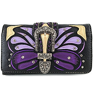 Zelris Buckle Abstract Butterfly Artwork Women Crossbody Wrist Trifold Wallet (Purple)