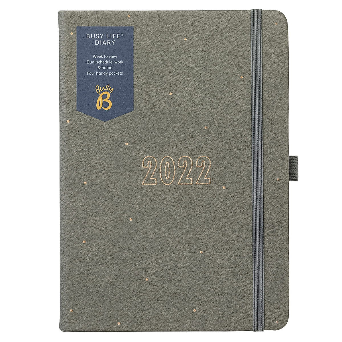 Busy B Busy Life Diary January to December 2022 - A5 Grey Faux Leather Week to View Planner with Dual Schedules, Pen Holder and Pockets