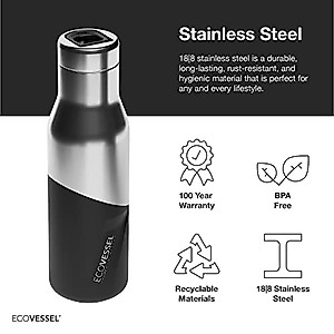 EcoVessel ASPEN Stainless Steel Water Bottle with Insulated Lid, Metal Water Bottle with Rubber Non-Slip Base. Wine Tumbler Reusable Water Bottle - 16oz (Grey Smoke)