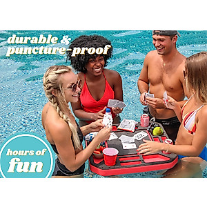 Polar Whale Floating Poker Table Red and Black Game Tray for Pool Beach Party Float Lounge Durable Foam 23 Inch Chip Slots Drink Holders with Waterproof Playing Cards Deck UV Resistant