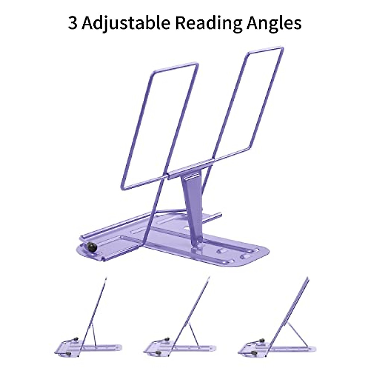 MSDADA 2pc Metal Book Stand for Desk, Adjustable Reading Rest Book Holder, Portable Cookbook Documents Holder, Sturdy Typing Stand for Recipes Textbooks Tablet Music Books with Page Clips (Purple)