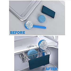 VIGOR PATH 4-in-1 Kitchen Sink Sponge Holder with Brush Holder, Dish Cloth Hanger, and Sink Plug Bracket - 304 Stainless Steel (Silver)