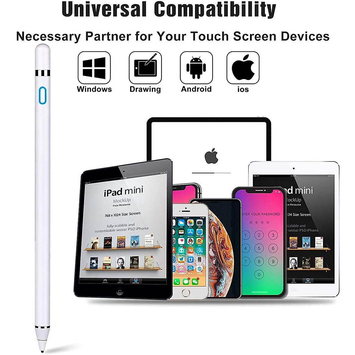 SLAUNT Stylus Pen for iOS Android Touch Screens Pencil Compatible with iPad/iPad Pro/Air/Mini/iPhone/Cellphone/Kindle/Apple Tablet Drawing Pencil (White)