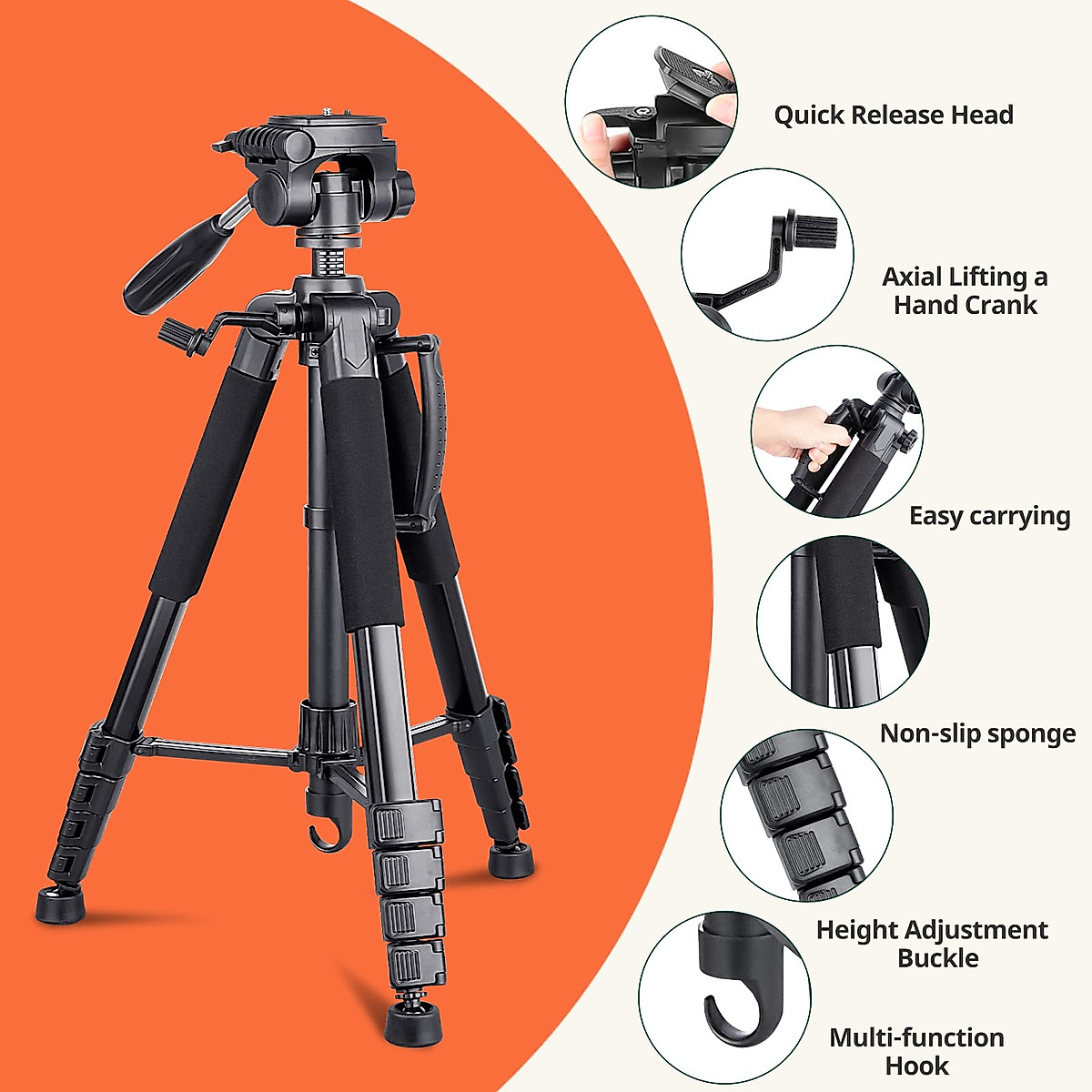 Torjim 74” Camera Tripod with Travel Bag, Extendable Cell Phone Tripod Stand with Wireless Remote and Phone Holder, Compatible with All Cameras/iPhone/Android/Sport Camera