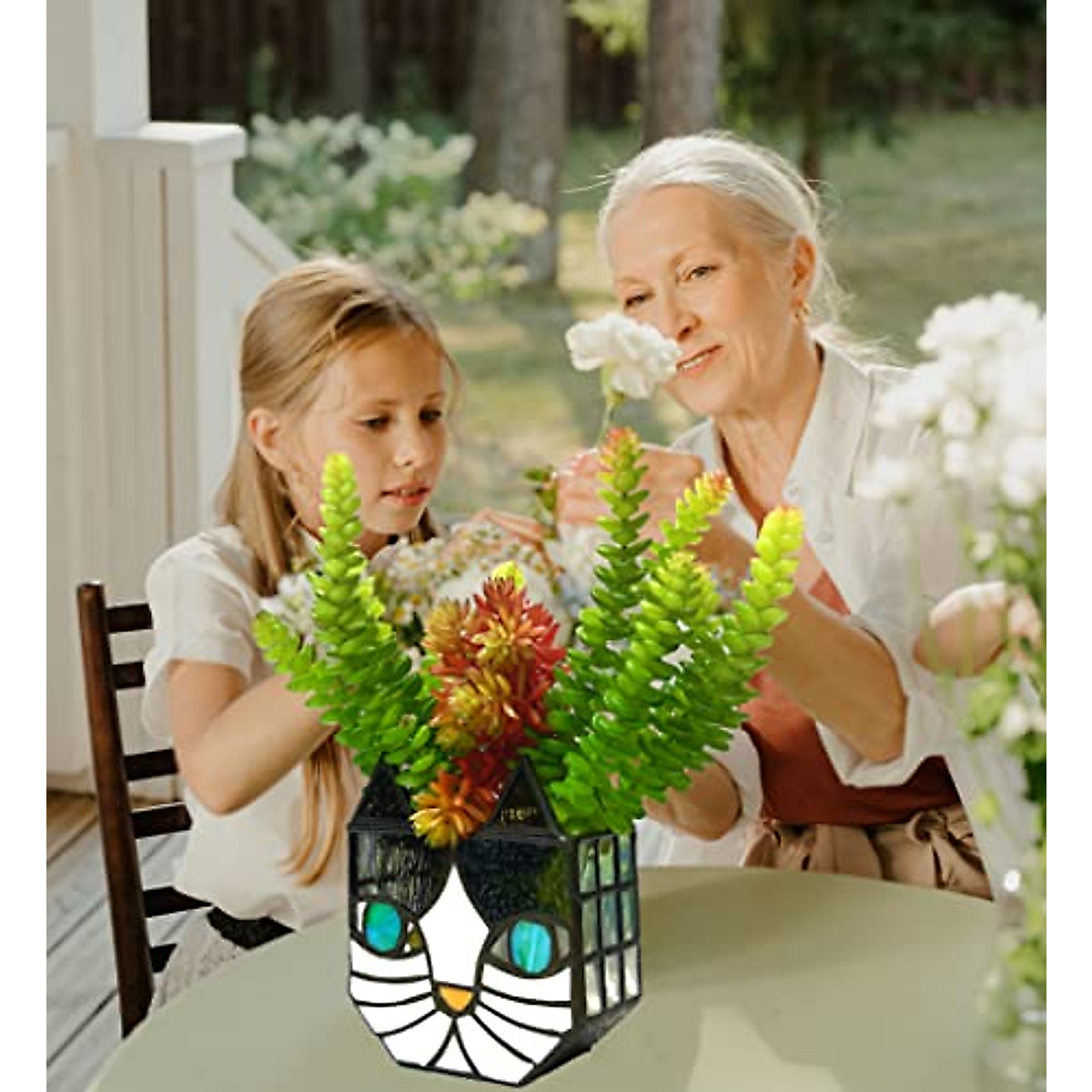 Tiffany Cute Cat Stained Glass Flower Pots,Indoor and Outdoor Plant Displays,Cat Plant Planter,Candle Holder Container Decoration 4.6 x 5.15 x 2.3 inch(Without Succulents)