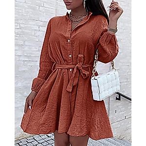 Foshow Womens Button Down V Neck Dresses Tunic Tie Waist Swing Mini Dress Casual Solid Long Sleeve Shirt Tops with Belt Brick Red