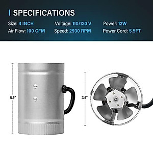 iPower 4 Inch Inline Booster Duct Fan 100 CFM HVAC Exhaust Ventilation Blower with Low Noise for Grow Tent, Basements, Bathrooms, Kitchens and Attics