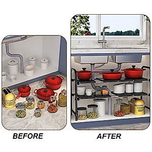 Under Sink Organizer, NEWRAIN 2-Tier Expandable Cabinet Shelf Organizer with Removable Panels, Multi-Use for Under Kitchen Bathroom Sink Organizers and Storage