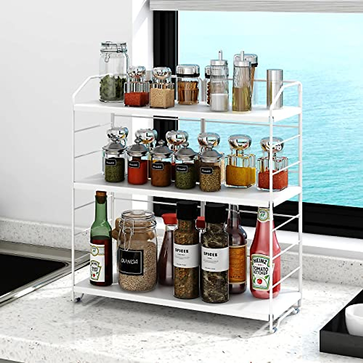BOIVSHI 3-Tier Bathroom Countertop Rack Organizer, 8-Levels Height Adjustable Organizer Countertop Storage Shelf for Bathroom Kitchen Spice Rack Vanity Tray Cosmetic Storage Holder, Metal White