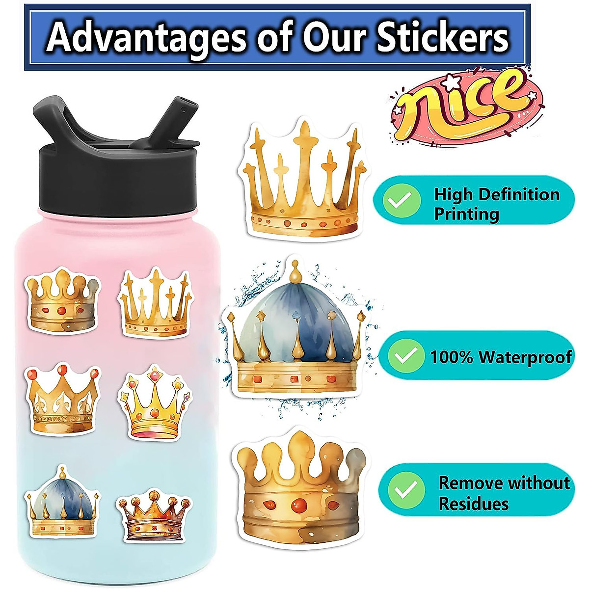 50Pcs Crown Stickers for Kids Water Bottle Laptop Princess Crown Dream Party Decoration Art Sticker Motorcycle Luggage Guitar Decal Skateboard Waterproof Vinyl Fairy Stickers for Teens Adults Crown