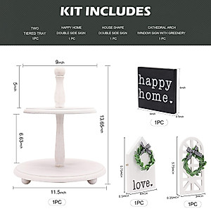 Defined Deco Wooden Decorative Tray Two Tiered Tray, White Tiered Tray, Cupcake Stand, Serving Tray Stand with 3 Pcs Signs Decor for Kitchen Island Decor, Home Decor and Holloween Farmhouse Décor