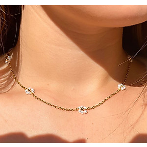 Daisy Flower Choker Necklace 14K Gold Plated Beaded Pearl Choker Necklace for Women Jewelry Gifts