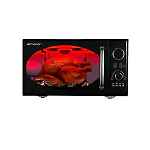 Emerson Radio .9 Cu Ft Digital Microwave Oven, Grill Function, 1,000 Watt, Retro & Chrome, 8 Pre-Programmed Settings, Express & Defrost, Chrome Handle & Control Buttons, Timer & LED Display,Black