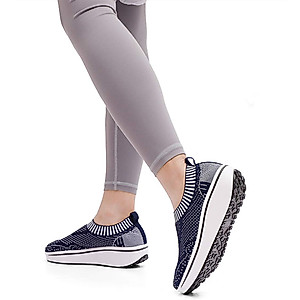 DADAWEN Women's Slip On Breathable Walking Shoes Comfort Fitness Wedge Platform Sneakers Navy US Size 7.5