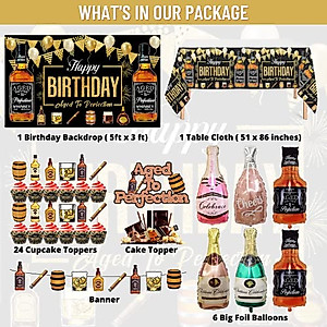 Nelton Whiskey Birthday Party Decorations, Aged to Perfection Birthday Party Supplies Include Backdrop, Banner, Cake Topper, 24 Cupcake Toppers, 6 Foil Balloons, Table Cloth