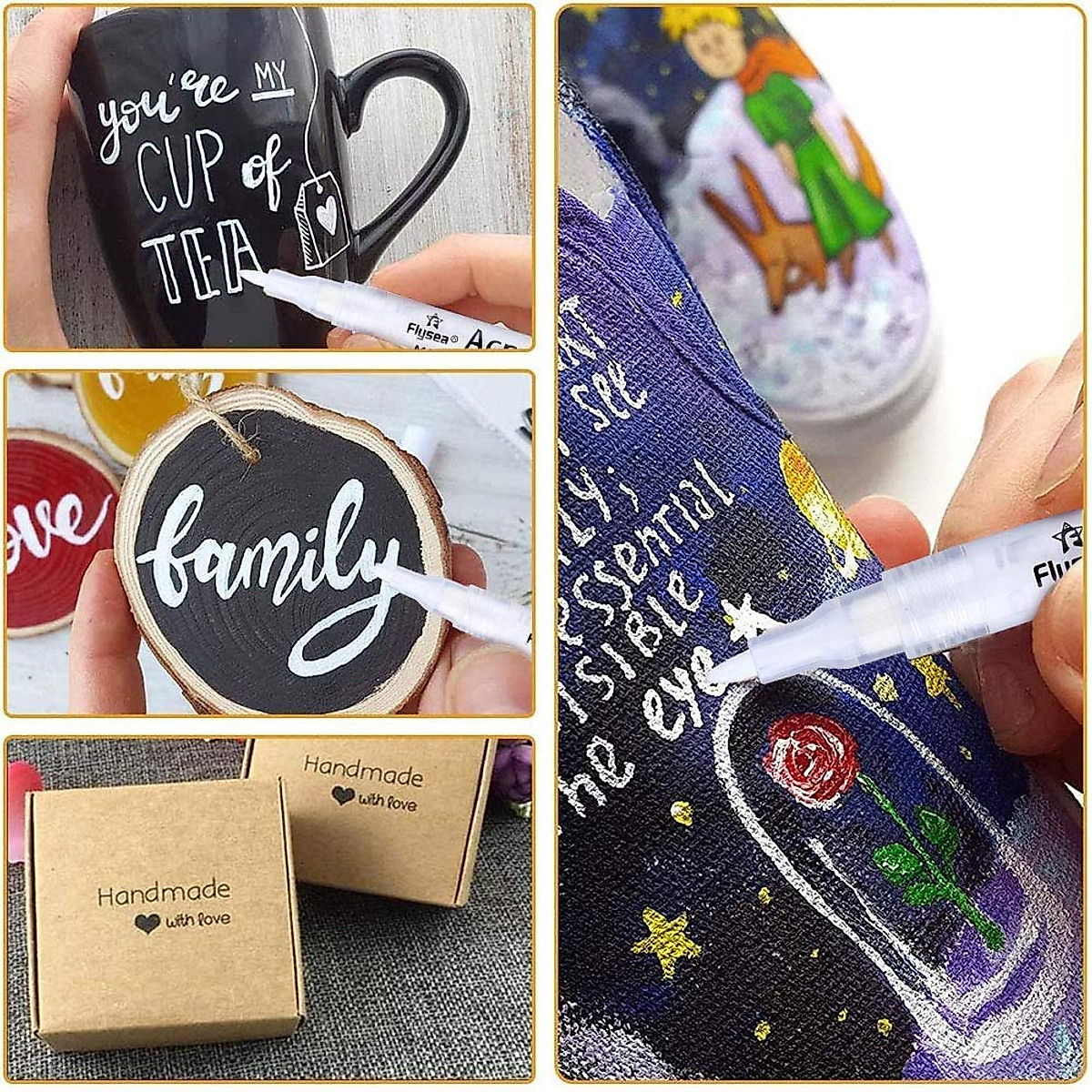 NAWOD Paint Pens White Black Acrylic Marker 6 Pack, Acrylic Permanent Marker, White Paint Pens for Rock Ceramic Wooden Leather Glass Painting Metal Tire, 0.7mm Extra Fine Point Quick Drying