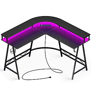 Huuger L Shaped Desk Gaming Desk with LED Lights & Power Outlets, Computer Desk with Monitor Shelves, Home Office Desk Corner Desk with Cup Holder & Hook, Carbon Fiber Black