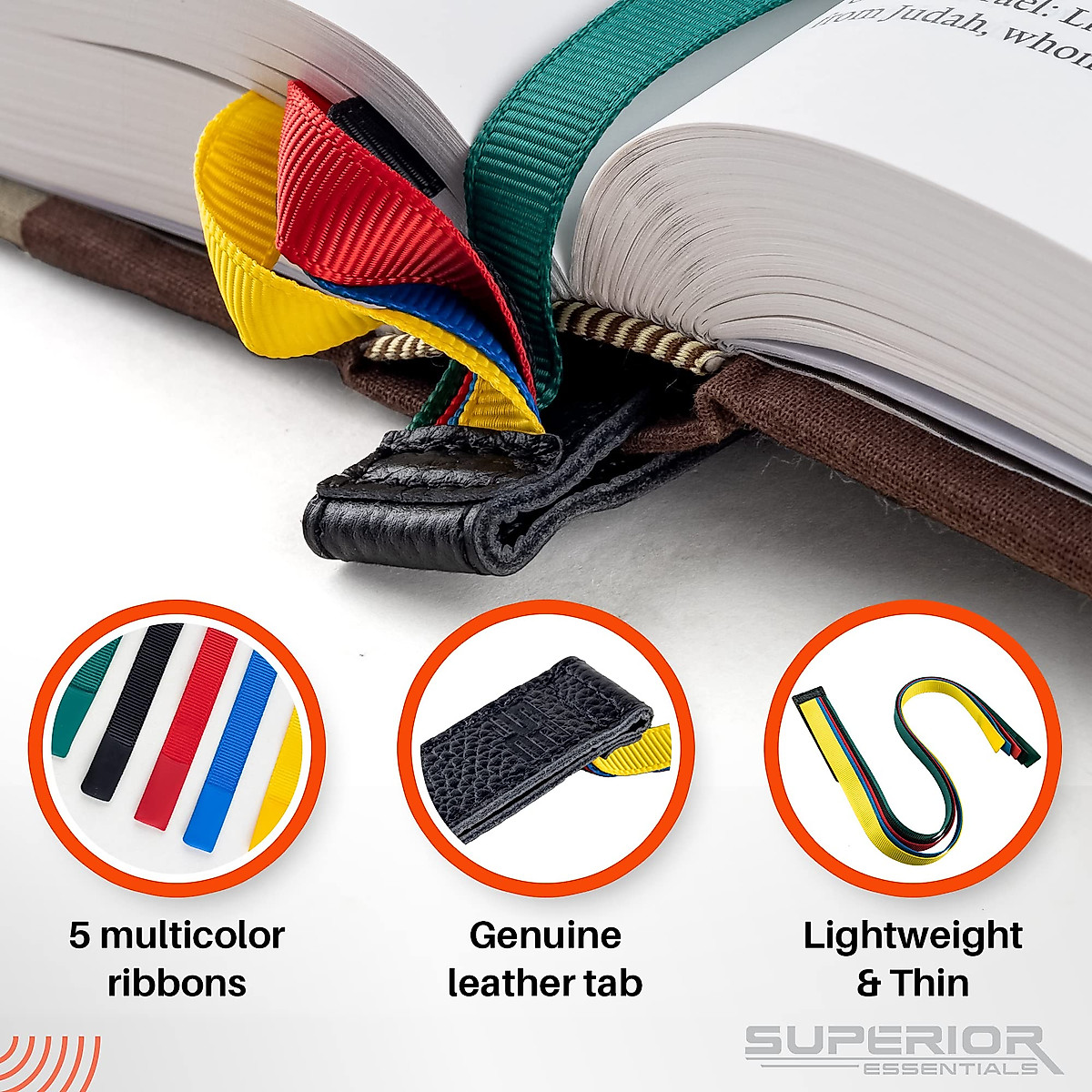 Superior Essentials Genuine Leather Multi Page Magnetic Attachable Bookmark with 5 Multi-Colored Bookmarks-Great for Bibles-Magnetic Hold Makes This The only Bookmark That Will Never Fall Out