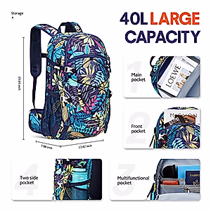 SAVVY NOMAD 40L Hiking Travel Packable Lightweight Camping Backpack Daypack with Removable Belt Bag for Women Men-Purple Leaf