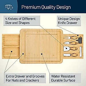 RoyalHouse Unique Bamboo Cheese Board and Knife Set with 2 Slide-Out Cutlery Drawers - Charcuterie Boards Set & Cheese Platter - Ideal Anniversary, Wedding and Housewarming Gift