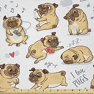 Ambesonne Dog Lover Fabric by The Yard, I Love Pugs French Bulldogs Playing Rose Bouquets Hearts Listening, Microfiber Fabric for Arts and Crafts Textiles & Decor, 1 Yard, Pastel Brown Blue Grey