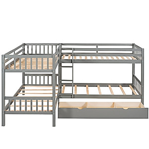 L-Shaped Bunk Bed with Drawers, Bunk Bed for 4 Twin Over Twin for Boys Girls Kids Teen Wood Quad Bunk Beds Frame, Gray