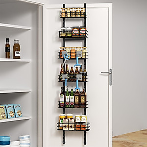 Mystozer 6-Tier Over The Door Pantry Organizer with 6 Adjustable Baskets and 4 Hooks, Metal Hanging Spice Rack, Black