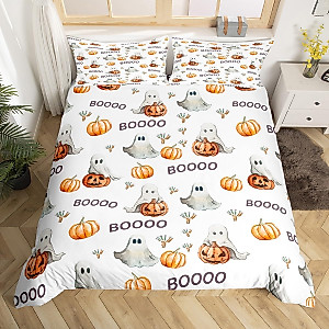 Manfei Halloween Kids Duvet Cover Set King Size, Autumn Pumpkin Comforter Cover, Cartoon Halloween Ghost Bedding Set for Boys Girls Adults Bedroom Decor, Lightweight Bedspread Cover, 2 Pillowcases