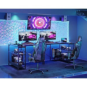 ODK 40 Inch Small L Shaped Gaming Computer Desk with Power Outlets, Corner Desk with Reversible Storage Shelves & PC Stand for Small Space, Modern Simple Home Office Table, Carbon Fiber Surface, Black