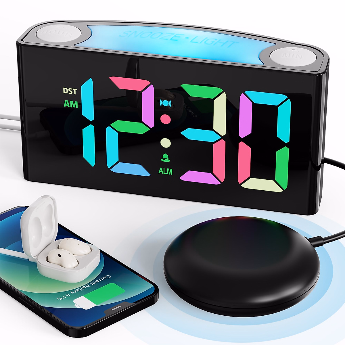 Roxicosly Loud Bed Shaker Alarm Clock for Heavy Sleepers + Vibrating Alarm Clock with RGB Digits & Colorful Night Light