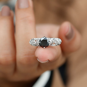 Black Onyx Solitaire Vintage Inspired Engagement Ring with Diamond | 1.50 Cttw | AAA Quality, 14K White Gold, Size:US 7.00