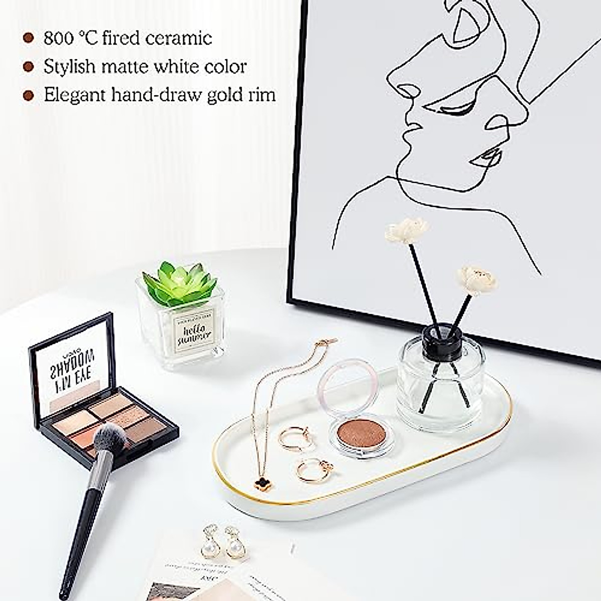 Luxspire Bathroom Vanity Tray, Marble Ceramic Dresser Jewelry Dish with Golden Rim, Decorative Tray Countertop Sink Storage Holder Organizer for Soap Candles Perfume Comestic Home Decor, Matte White