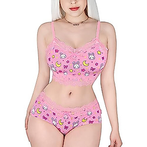 Littleforbig Lacy Trim Women Nightwear Strap Sleepwear Cami Top Shorts Lingerie bralette loungewear Set - Sweet Usagi 3XL Pink
