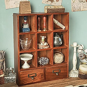 Gdrasuya10 Wooden Floating Shelves, Rustic Shadow Box Display Shelf with 9-Slot Retro Display Storage Rack Shelf with 2 Drawers for Kitchen Bedroom