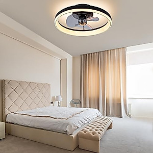 Sunny Hawaii Modern Ceiling Fans with Lights and Remote, 19.7in Dimmable LED 6 Speeds Reversible Blades Timing Indoor Low Profile Ceiling Fan Semi Flush Mount with Remote Control(black)