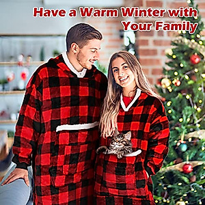 Warm Wearable Blanket Hoodie, Cozy and Soft Sherpa Pullover Sweatshirt w/ Giant Hood Pocket, Adults Comfortable Thick Fleece Throw Blanket for Spring, Autumn, and Winter