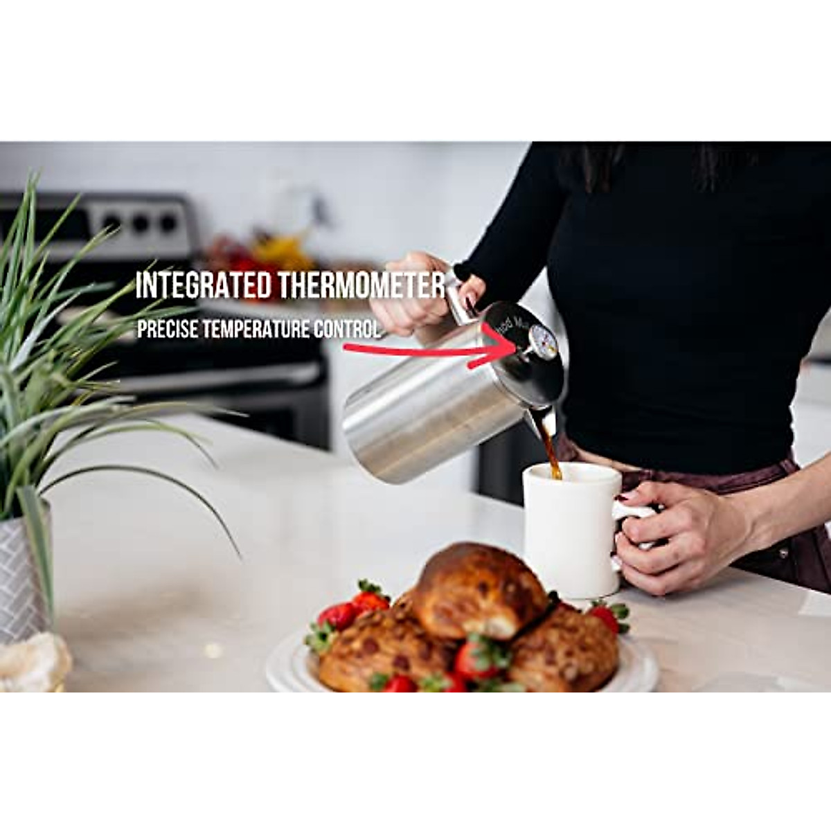 Barista Warrior French Press with Thermometer - Insulated Coffee Press - Stainless Steel French Press Coffee Maker (1.0L, 34 fl oz, Gray)