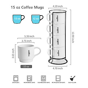 LAUCHUH Coffee Mugs Set of 4, 15 Ounce Stackable Coffee Mugs with Rack Latte Cup Porcelain Mugs for Coffee, Tea, Hot Cocoa, Milk, Dishwasher & Microwave Safe for Christmas, White