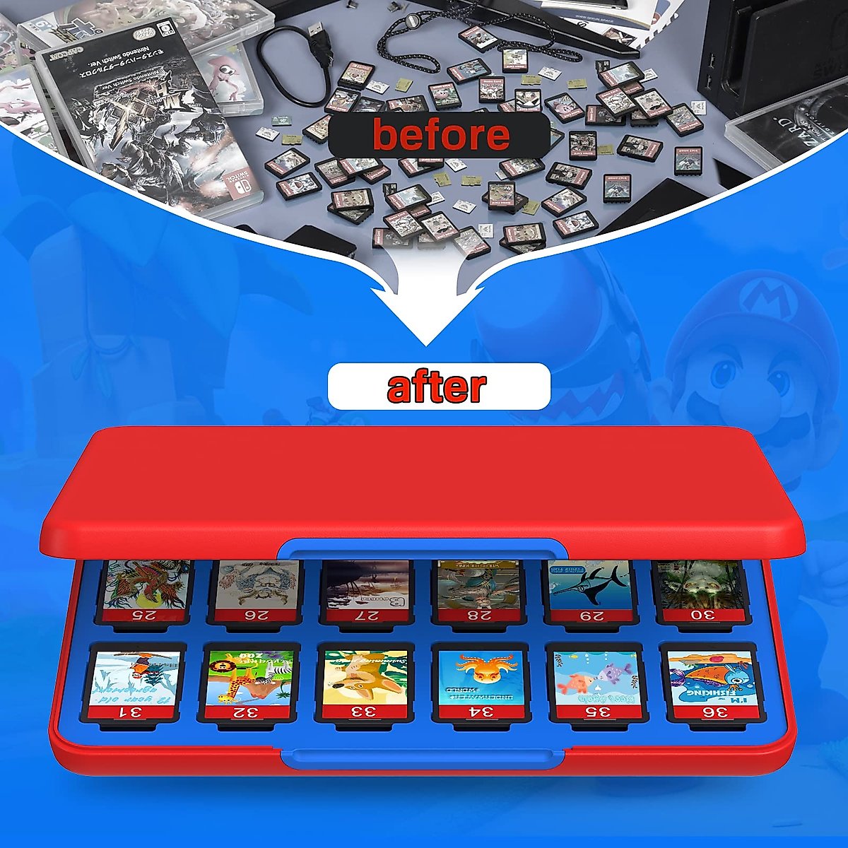 CYKOARMOR Switch Game Case for Nintendo Switch/OLED/Lite, Switch Game Holder with 36 Games Storage and 72 Memory Cartridge Slots, Portable Switch Game Card Case with Magnetic Closure, Red Blue