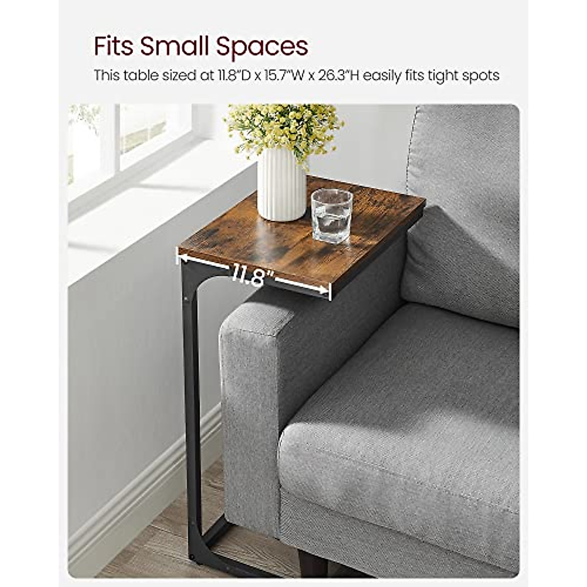 VASAGLE C-Shaped End Table, Side Table for Sofa, Couch Table with Metal Frame, Small TV Tray Table for Living Room, Bedroom, Rustic Brown and Black