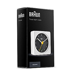 Braun Classic Travel Analogue Alarm Clock with Snooze and Light, Compact Size, Quiet Quartz Movement, Crescendo Beep Alarm in White and Black, Model BC02XWB.