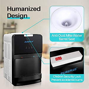 PUREPLUS Water Cooler Top Loading Countertop Water Cooler Dispenser, Hot & Cold Water, Child Safety Lock, Holds 3 or 5 Gallon Bottles, Compression Refrigeration Technology, Black