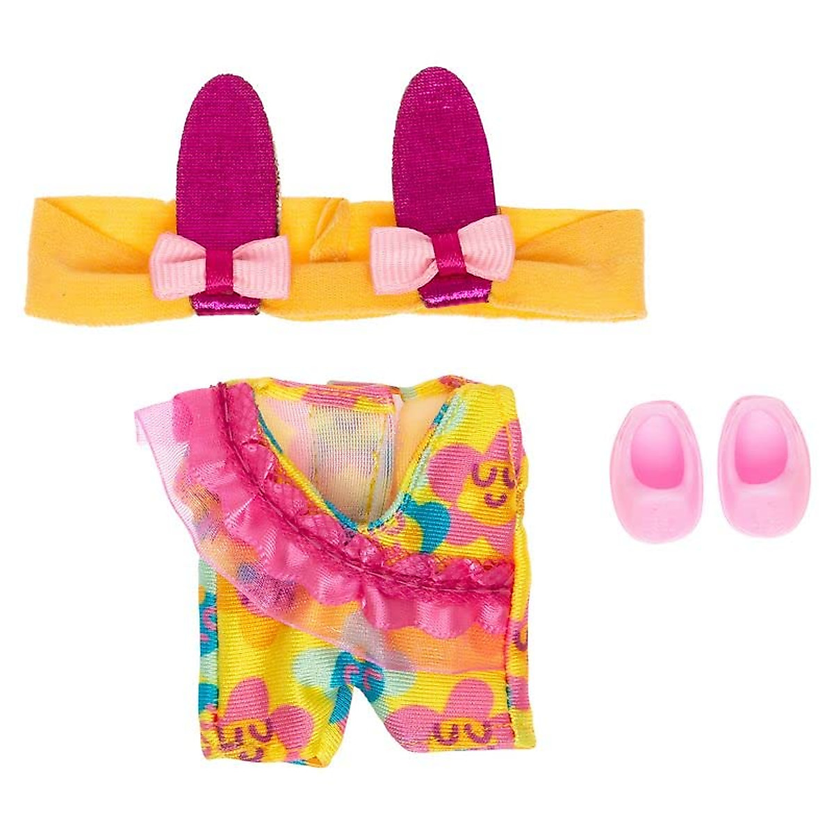 Nerlie Cute Pink & Yellow Flower Motiff Dress w/ Pink Bunny Ears Headband, Includes Shoes for Ksimerito Neonate Baby Doll by Distroller