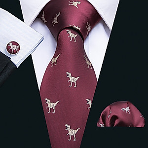 Burgundy Tie Set Silk Tie Pocket Square Cufflinks Dinosaur Pattern