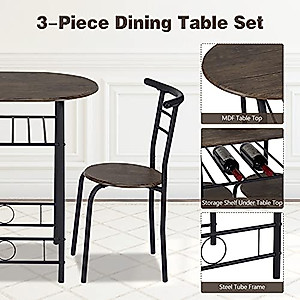 Kinfant 3 Piece Dining Table Set - Kitchen Breakfast Dining Table, Small Table and 2 Chairs w/Metal Frame and Storage Shelf for Home Kitchen Dining Room, Small Space, Brown